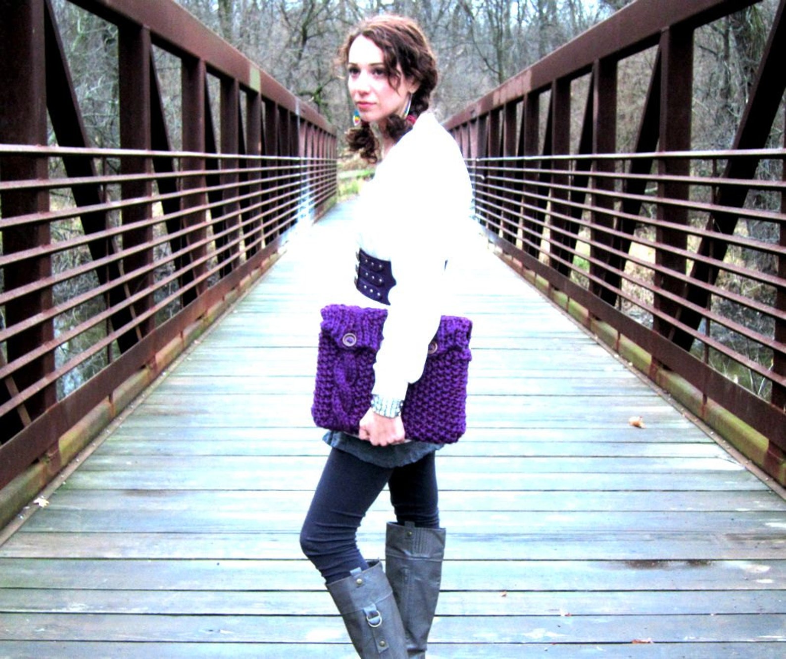 Knitted Laptop Sleeve Computer Cozy Electronic Case Purple Cable Knit ...