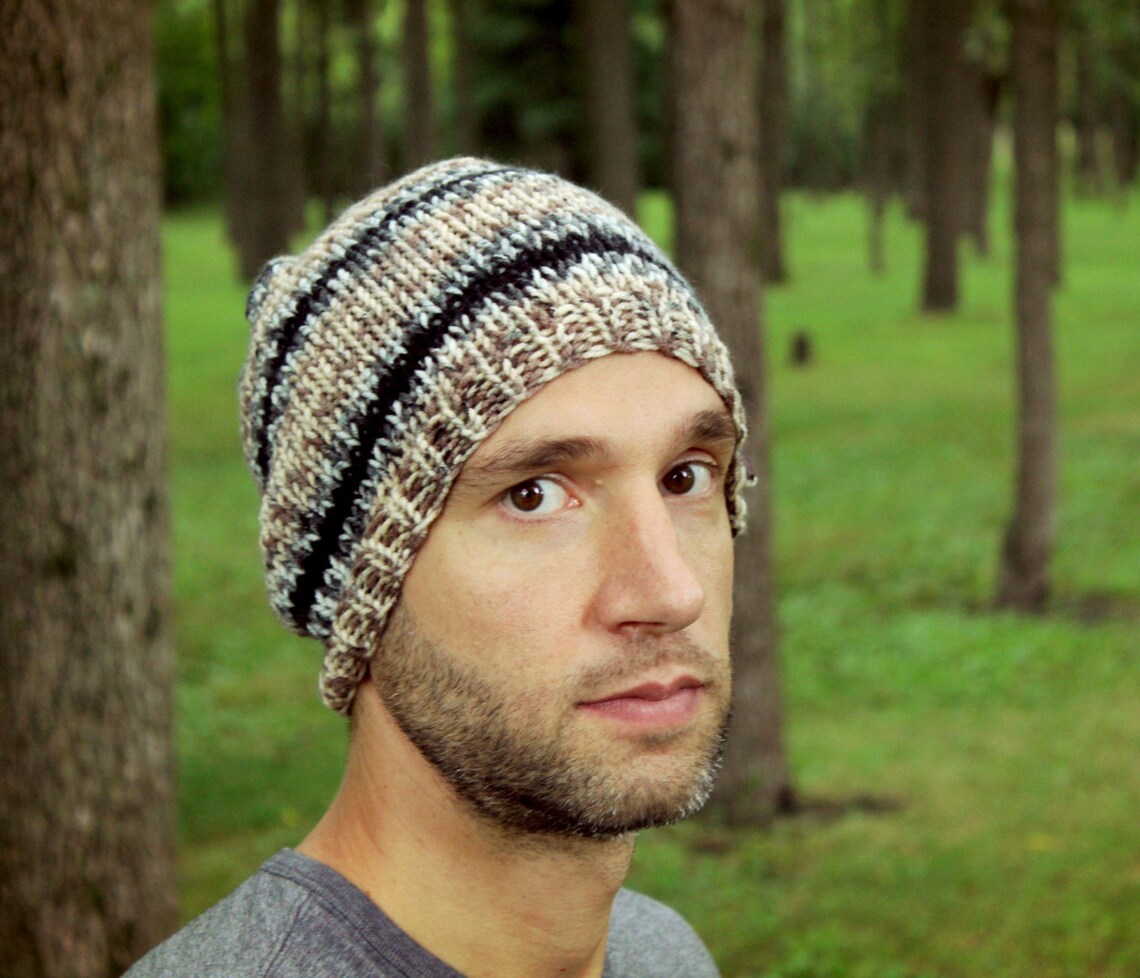 Knit Mens Hat Knitted Gray Man Beanie Striped Winter Cap Womens Crochet ...