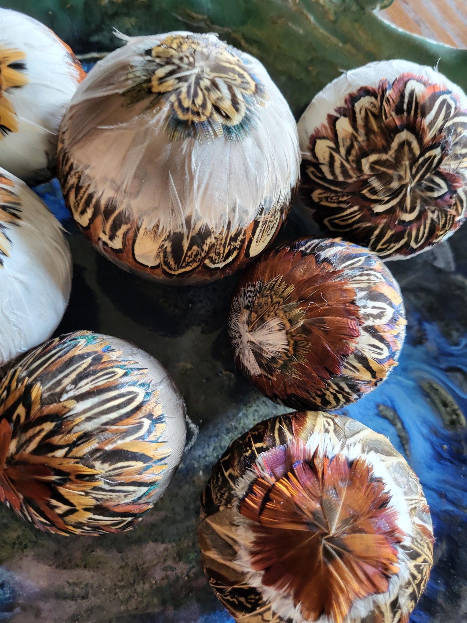 Seven (7) Feather Balls. NOT Hanging ORNAMENTS! A Variety Grouping of ...
