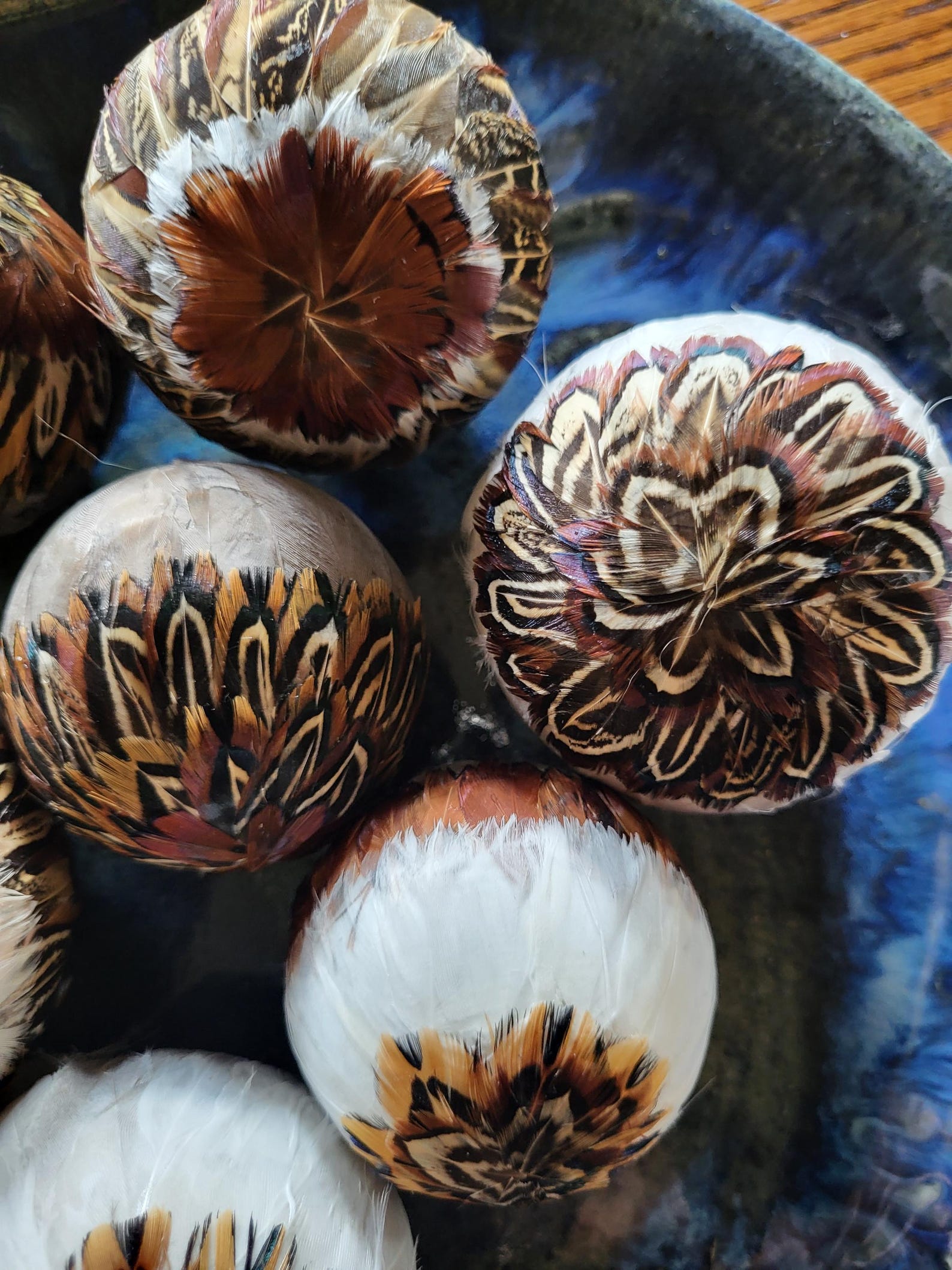 Seven (7) Feather Balls. NOT Hanging ORNAMENTS! A Variety Grouping of ...