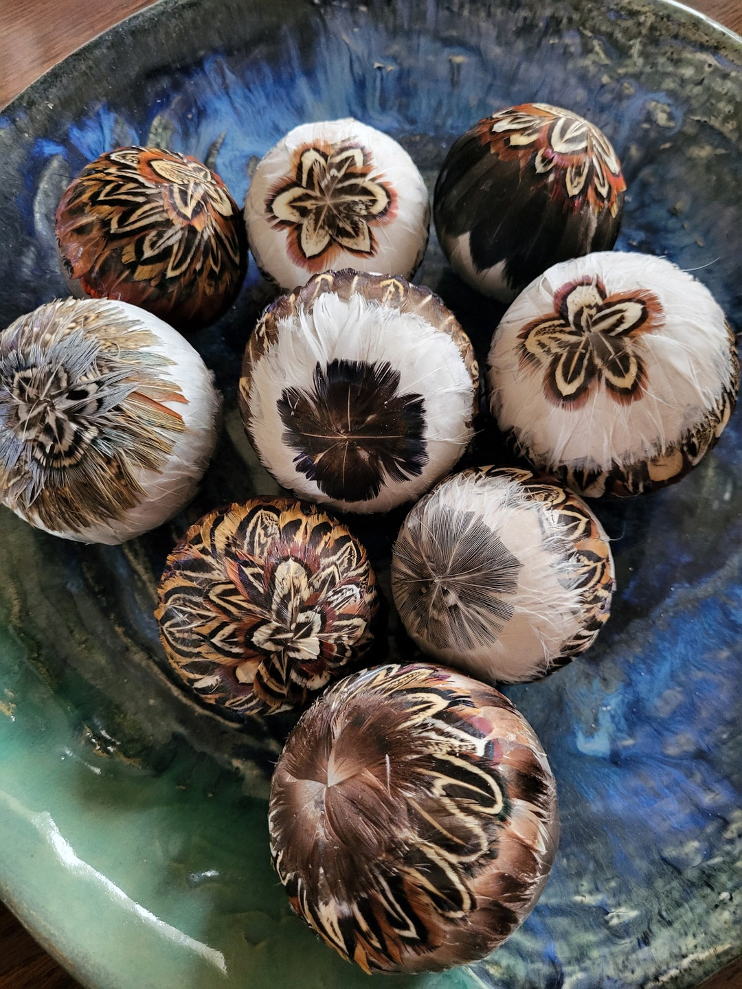 Nine Multi-bird Pheasant Feather Decor Balls. A Variety Grouping of Two ...