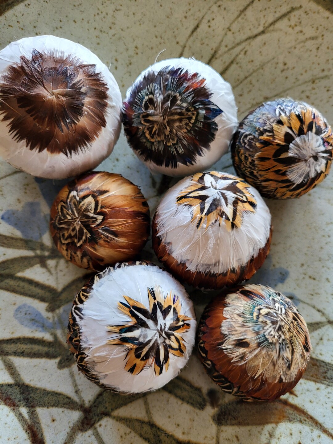 Seven (7) Feather Balls. NOT Hanging ORNAMENTS! A Variety Grouping of ...