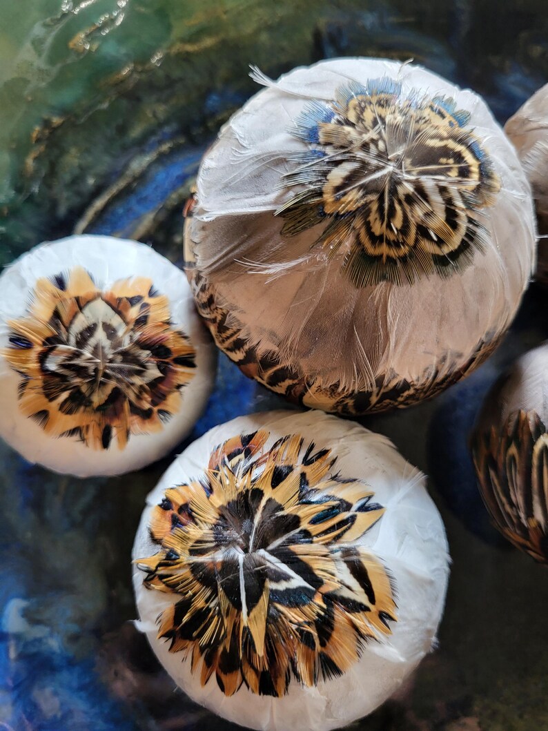Seven (7) Feather Balls. NOT Hanging ORNAMENTS! A Variety Grouping of ...