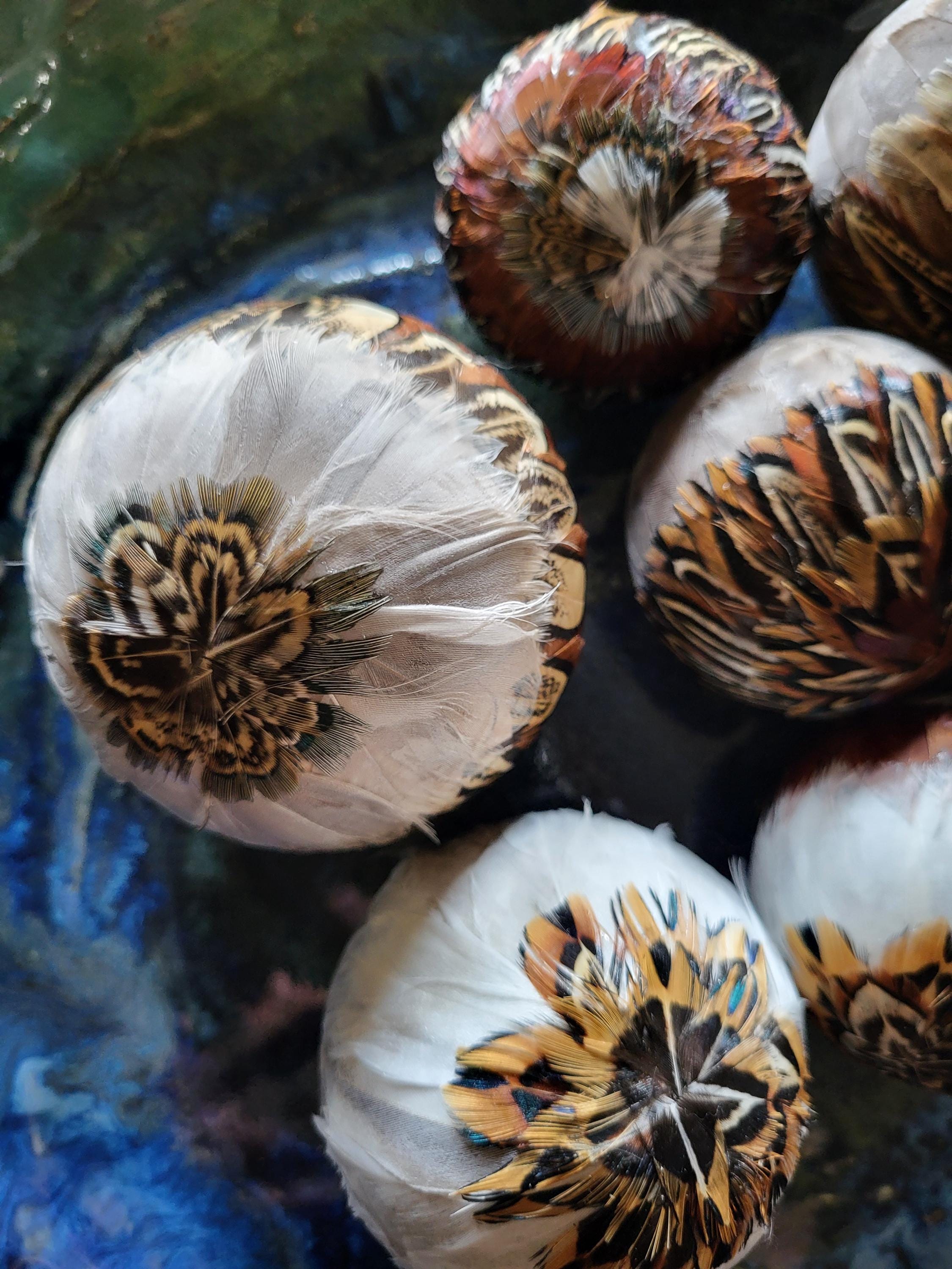 Seven (7) Feather Balls. NOT Hanging ORNAMENTS! A Variety Grouping of ...