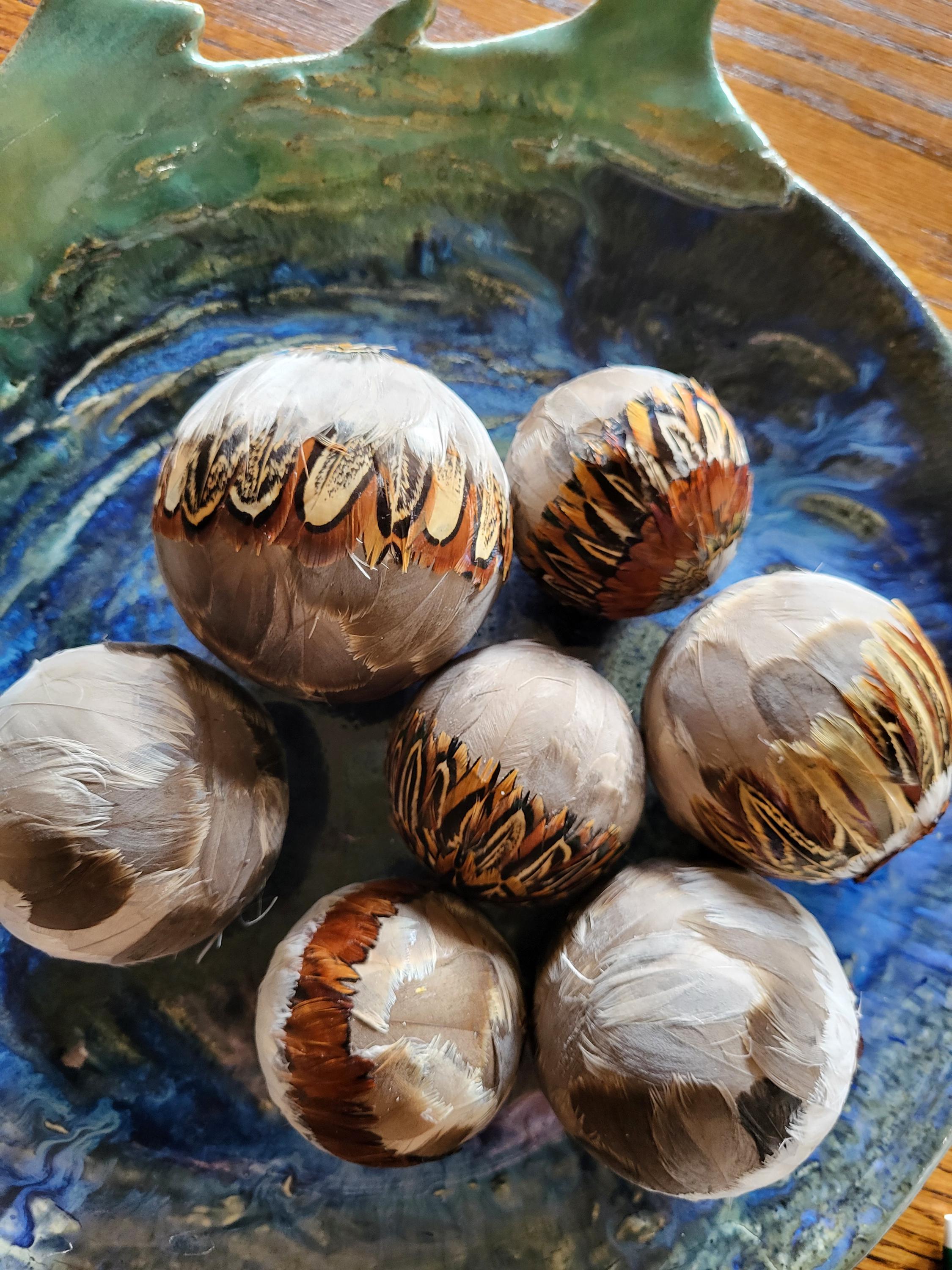 Seven (7) Feather Balls. NOT Hanging ORNAMENTS! A Variety Grouping of ...