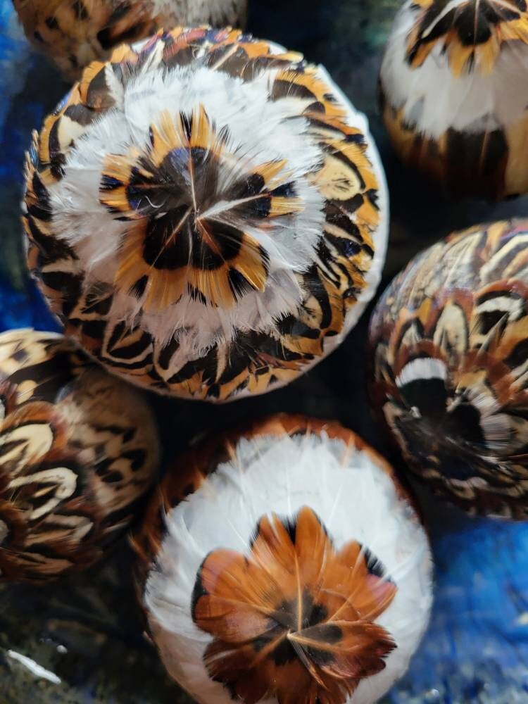 Seven (7) Feather Balls. NOT HANGING ORNAMENTS! A Variety Grouping of ...