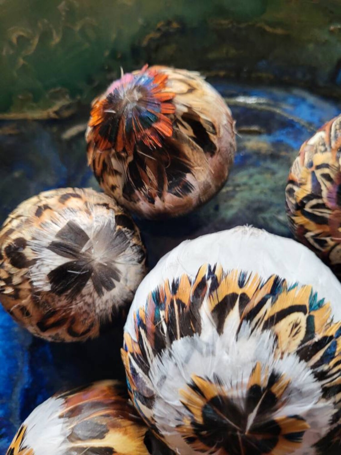 Seven (7) Feather Balls. NOT HANGING ORNAMENTS! A Variety Grouping of ...