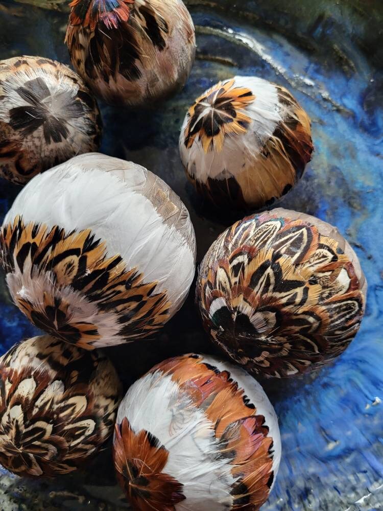 Seven (7) Feather Balls. NOT HANGING ORNAMENTS! A Variety Grouping of ...