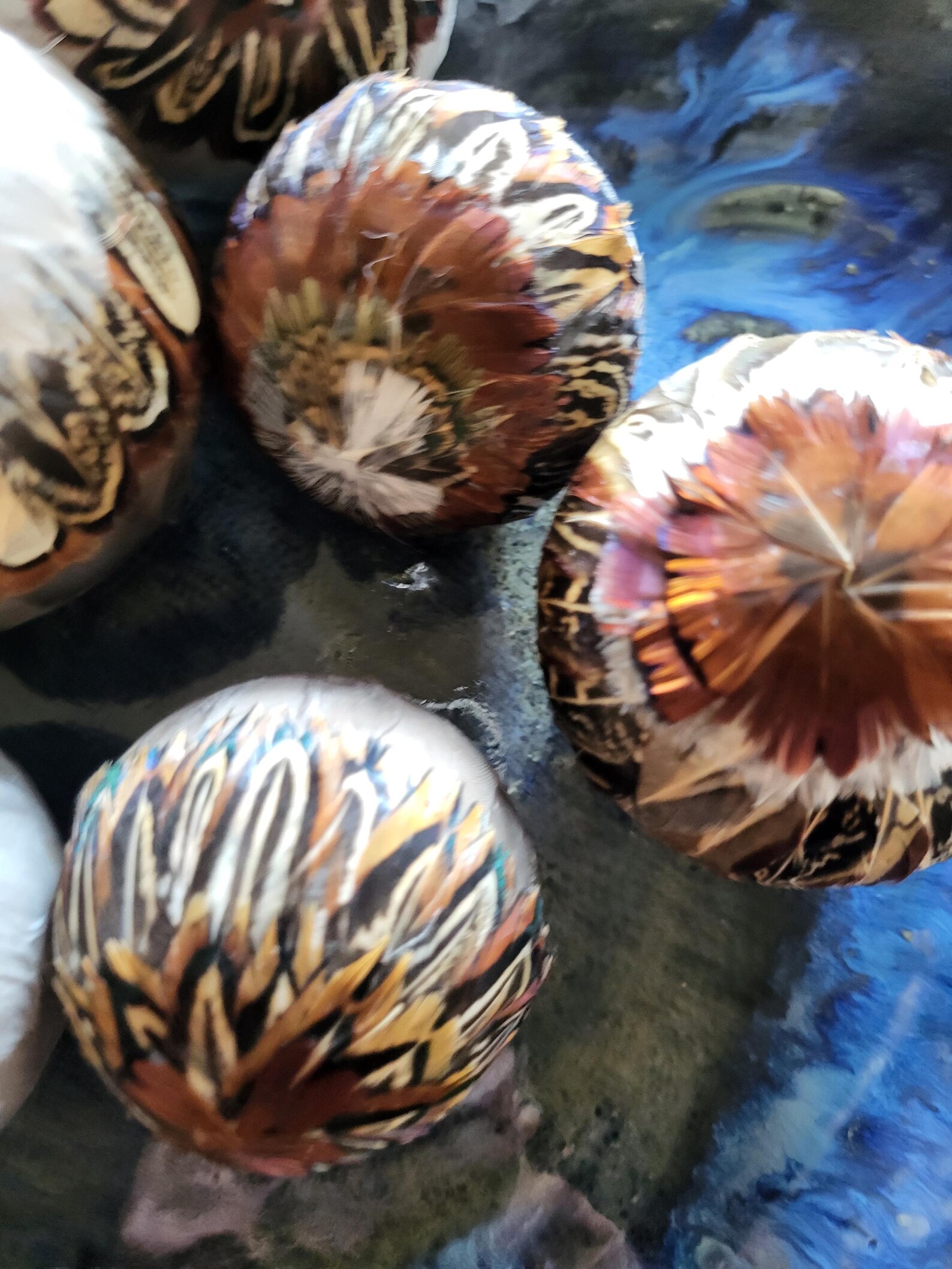 Seven (7) Feather Balls. NOT Hanging ORNAMENTS! A Variety Grouping of ...