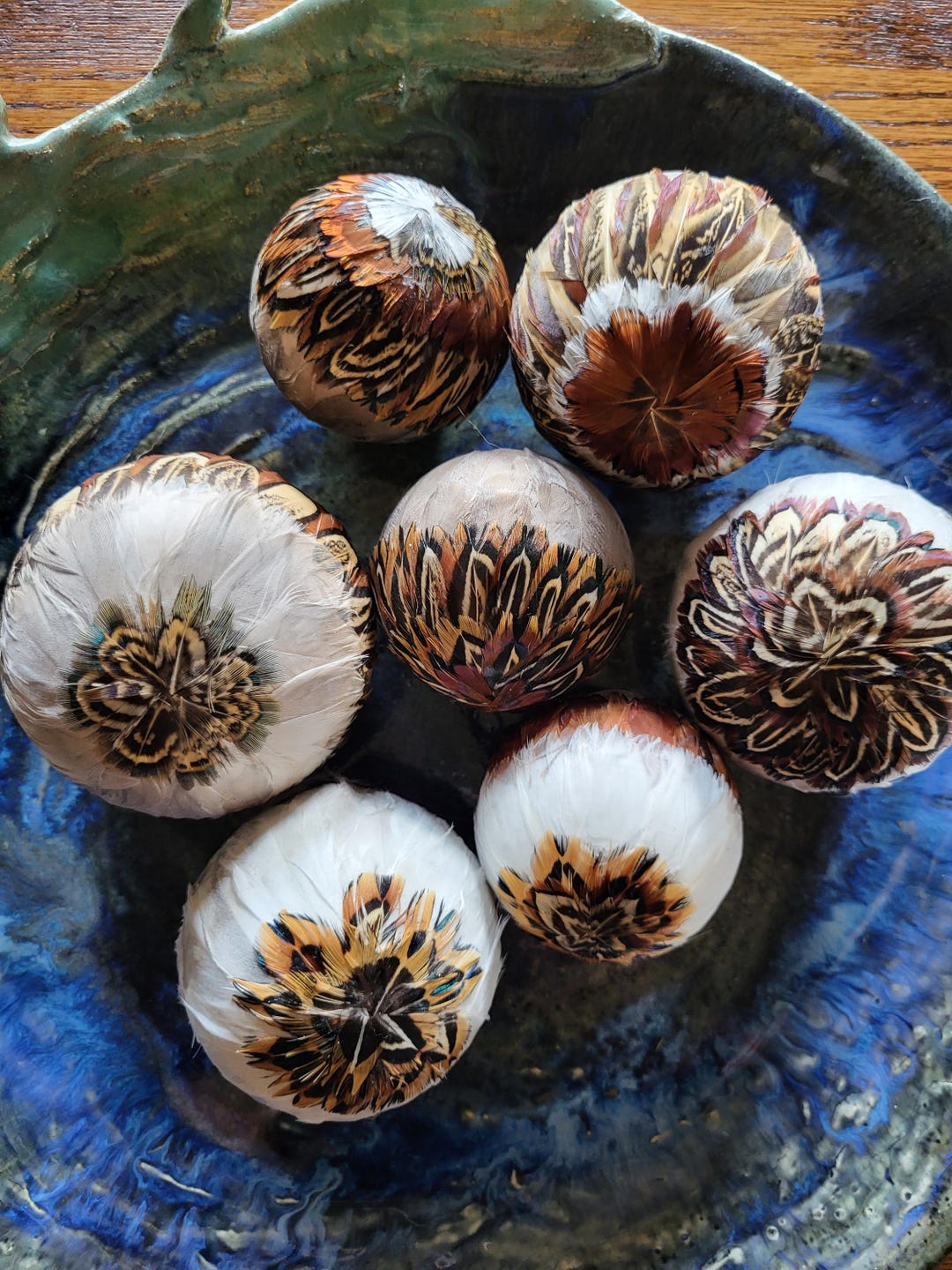 Seven (7) Feather Balls. NOT Hanging ORNAMENTS! A Variety Grouping of ...