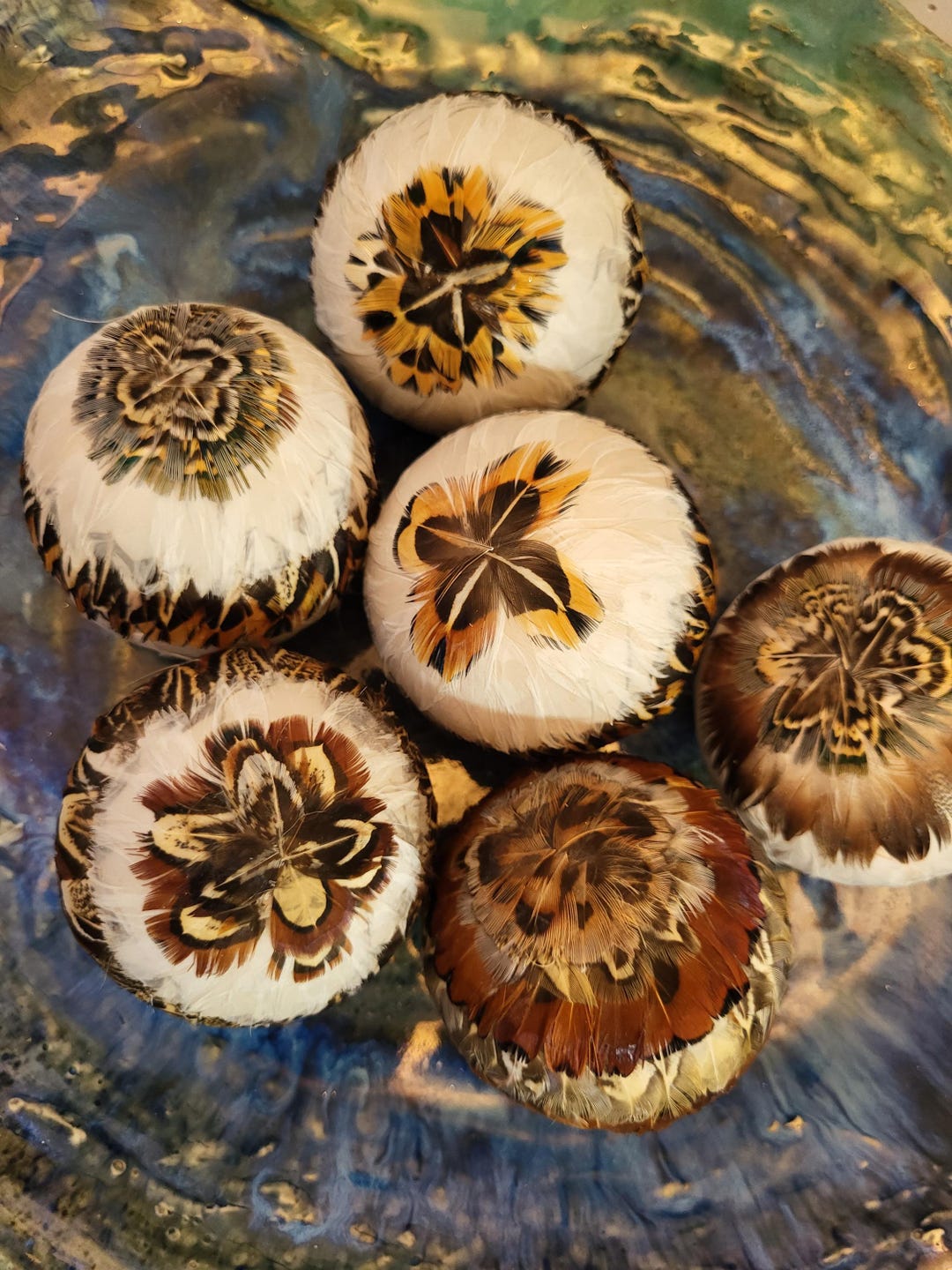 SIX ORBS -feather Balls. A Grouping of SIX Balls at 70mm. Multi-feather ...
