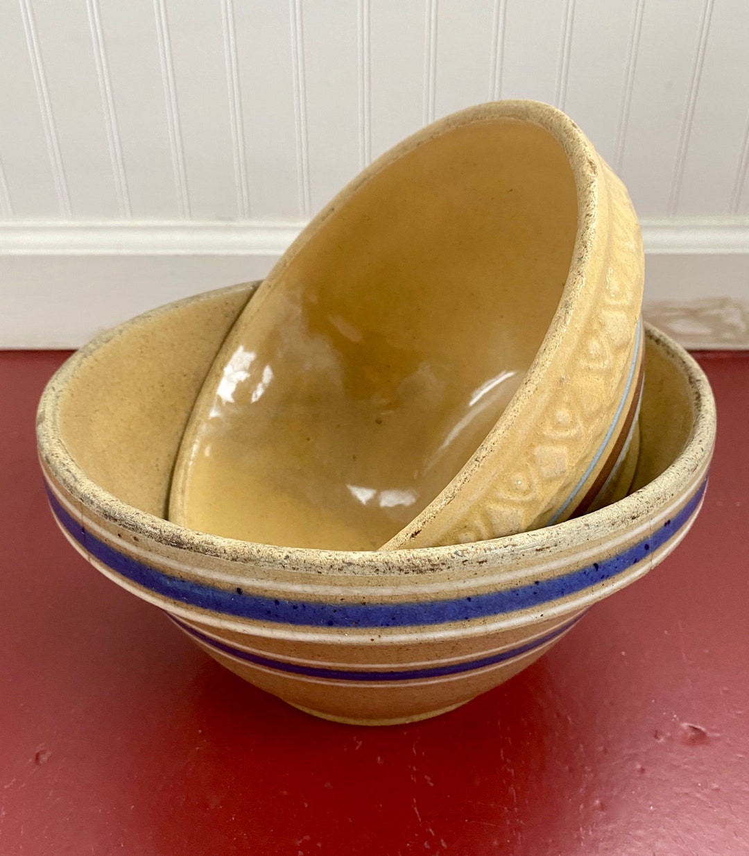 Vintage Mixing Bowls. Yellow Ware. Two Country Kitchen Crocks. Ceramic ...