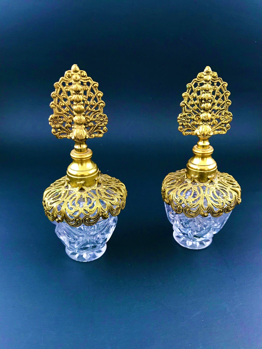 Vintage Perfume Bottles. Cut Glass, Brass Decanters. Ormolu Toppers ...