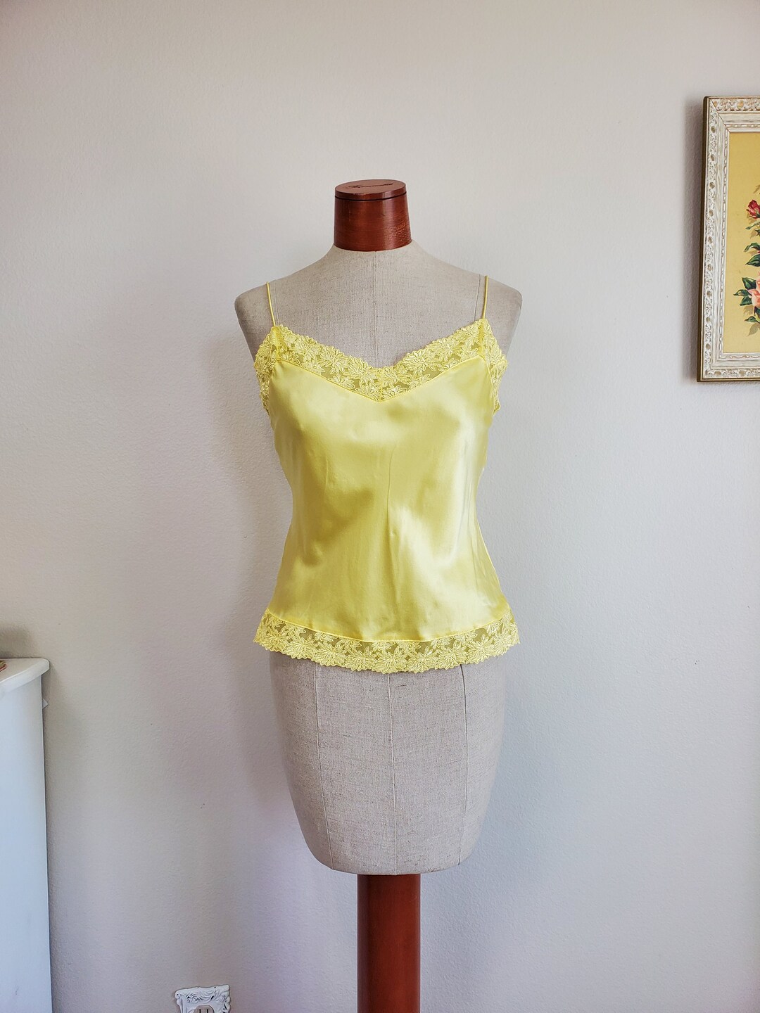 Vintage Y2K Banana Yellow Silk Top Daisy Flower Lace Trim Spaghetti ...