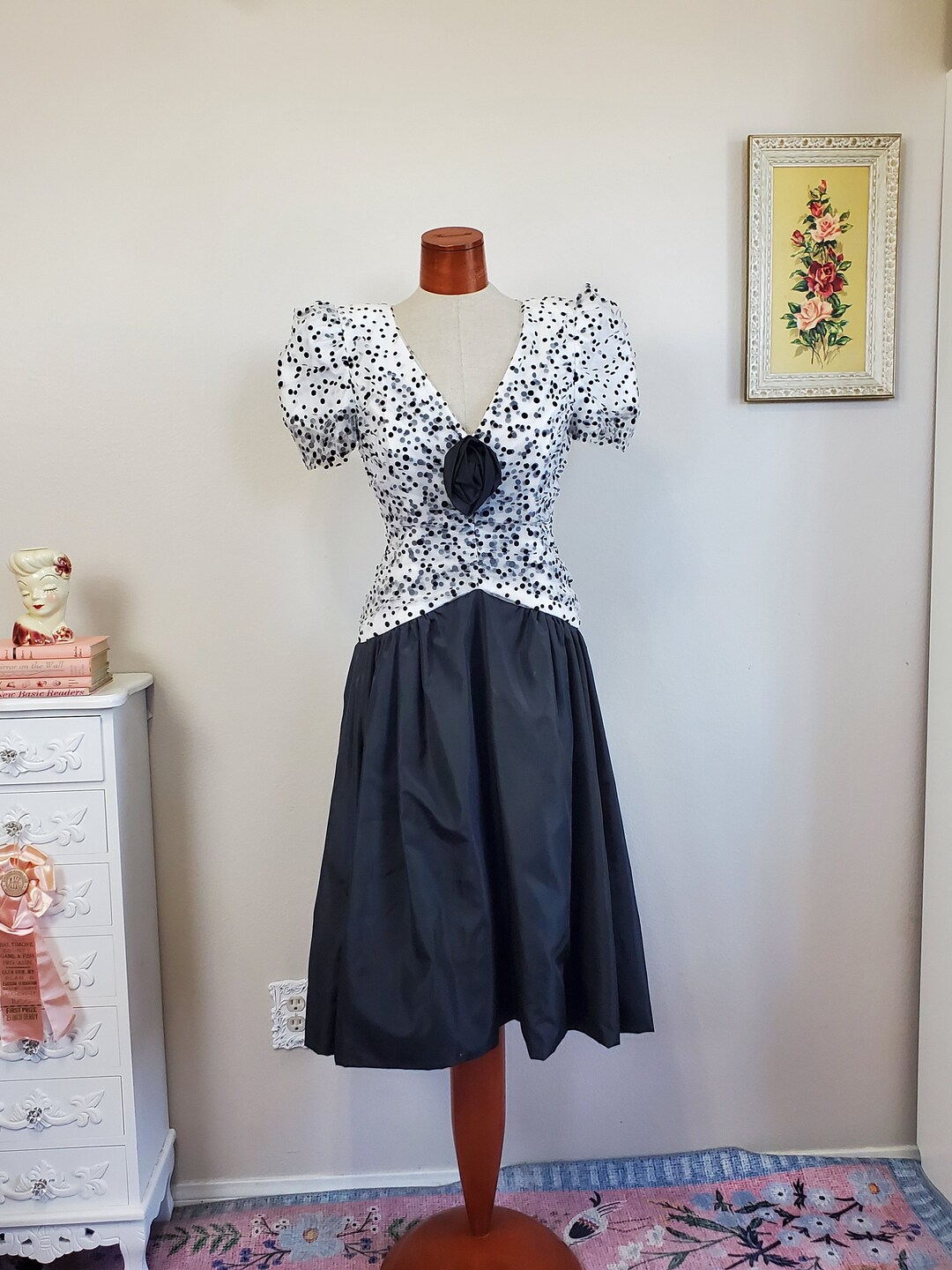 Party Girl Vintage 1980's Black and White Flocked Dotted Party Dress ...