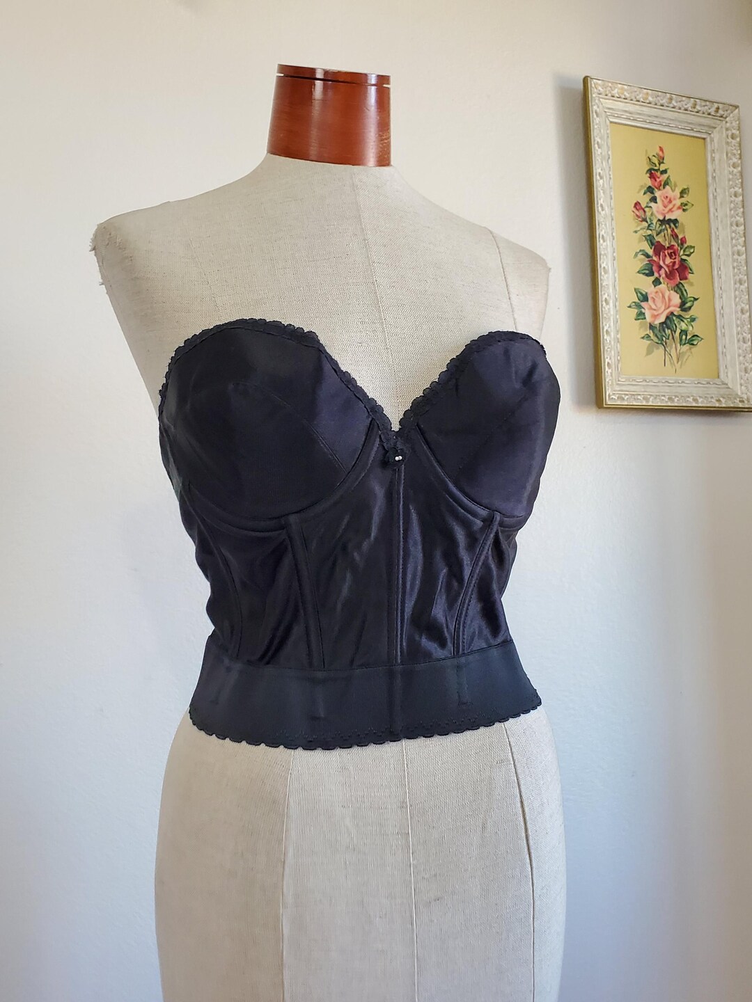 Black Widow | Vintage 1980's Black Lace Boned Bustier Longline Bra Size ...