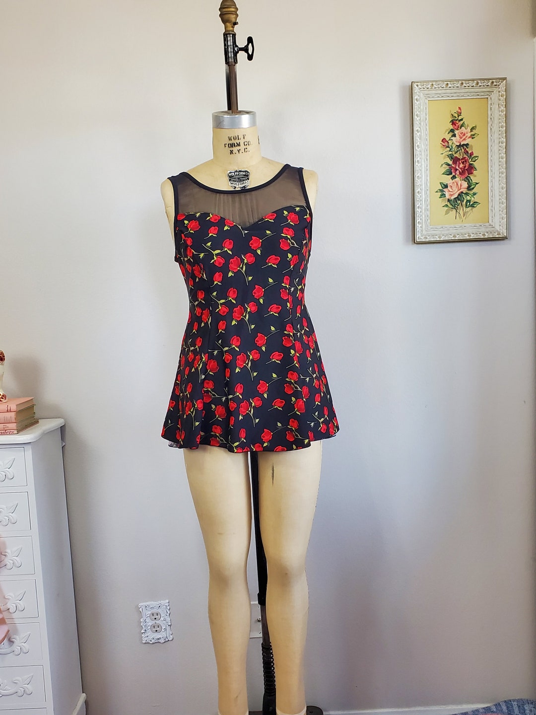 Roses Are Red Vintage Y2K Red Rose Print Black Swim Dress Shore Shapes ...