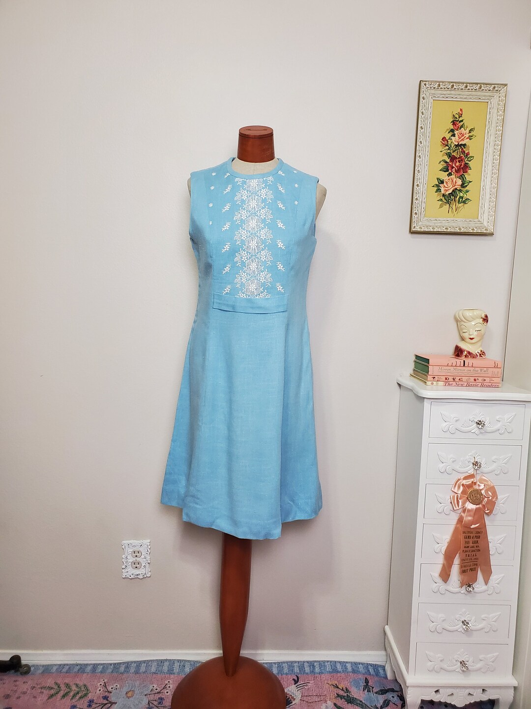 Vintage 1960's Blue Linen Shift Dress Embroidered Bodice Summer Skies ...