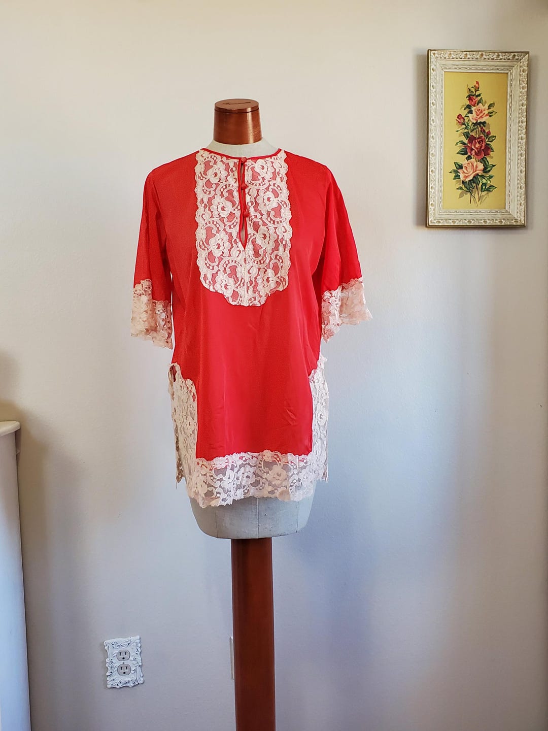 Hot Tomato | Vintage 1970's Red Nylon Lace Trimmed Lingerie Pajama Top ...