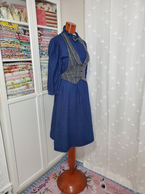 Vintage 1970's / 80's Quirky Denim Dress With Striped… - Gem
