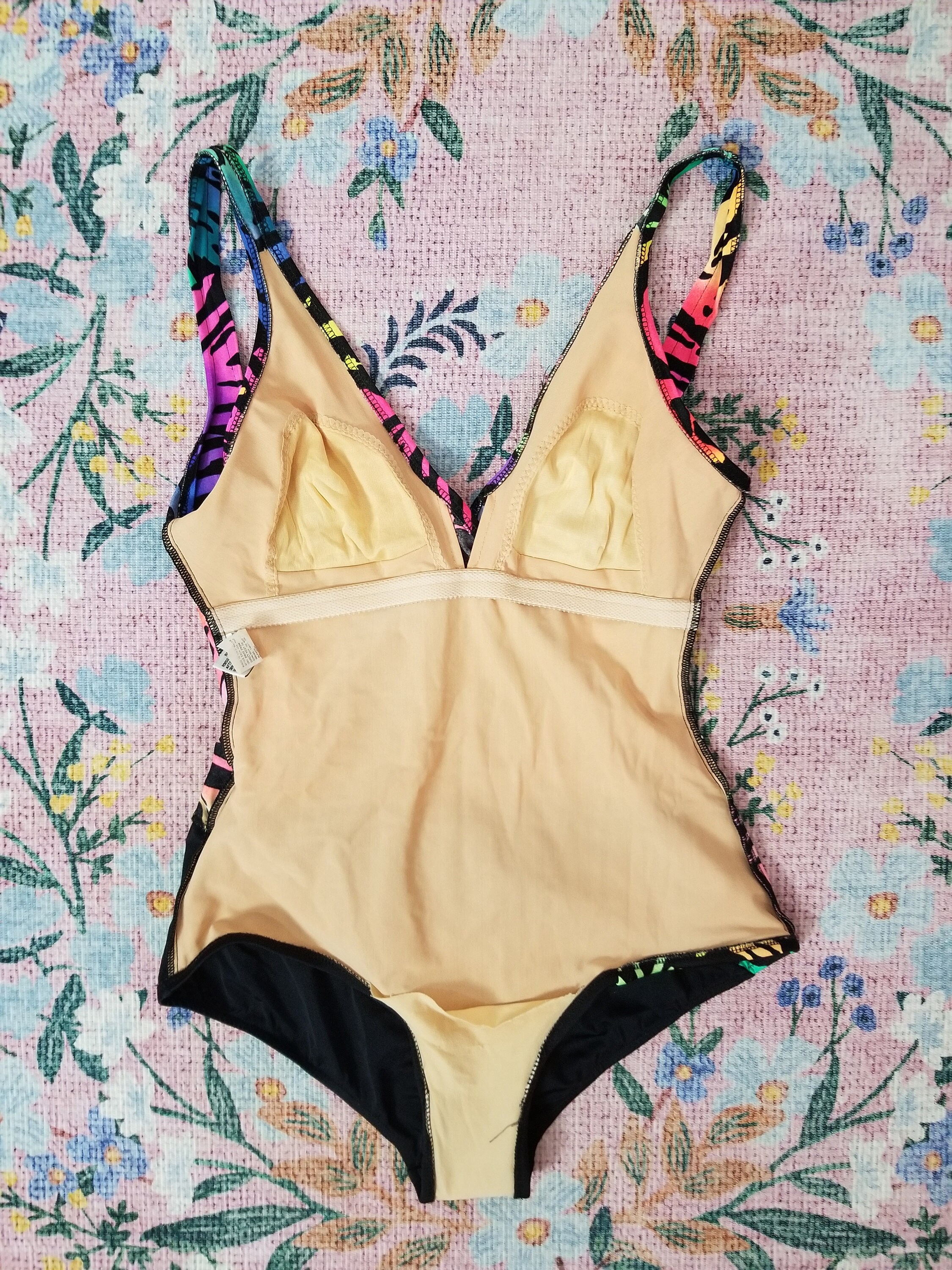 Vintage 1980's Bright Rainbow and Black Tiger Swim Suit Draped Front ...