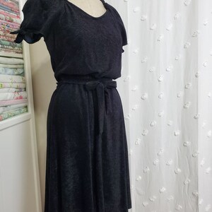 Vintage 1970's Black Velour Terry Cloth Dress Puffed Sleeves Swingy A ...