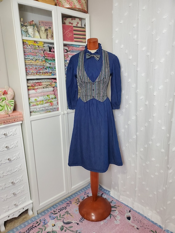 Vintage 1970's / 80's Quirky Denim Dress With Striped… - Gem