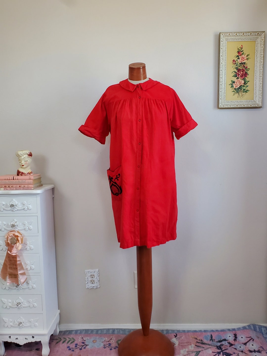 Good Night | Vintage 1950's Red Flannel Cotton Snap Front Robe House ...