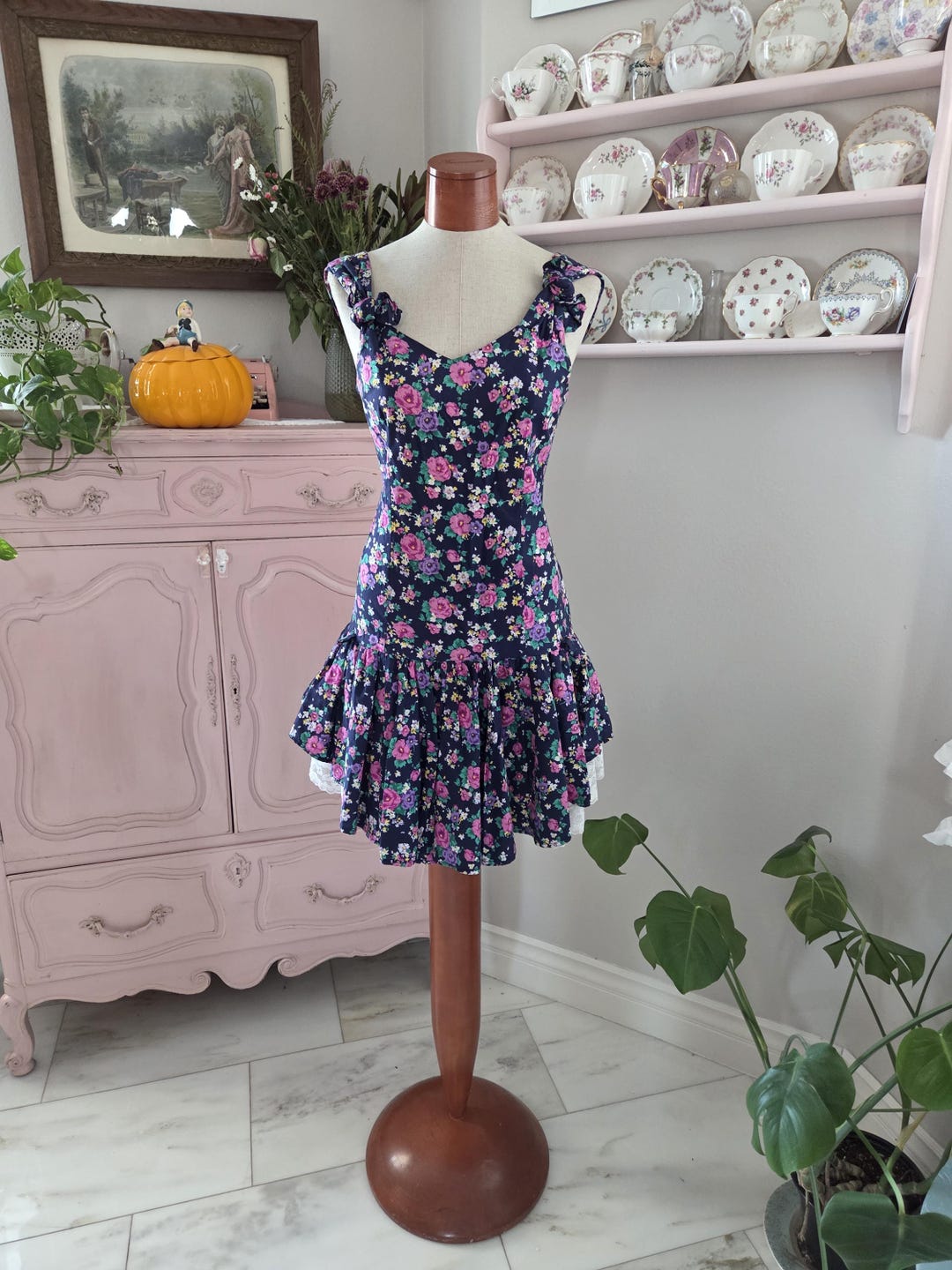 Frilled to Meet You | Vintage 1980's / 90's Navy Floral Drop Waist ...
