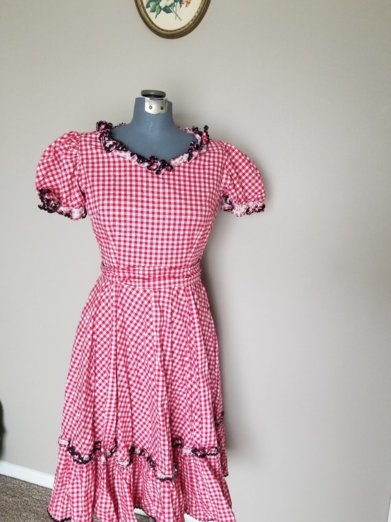 Vintage 1950's Red Gingham Peasant/ Square Dance Dress - Gem