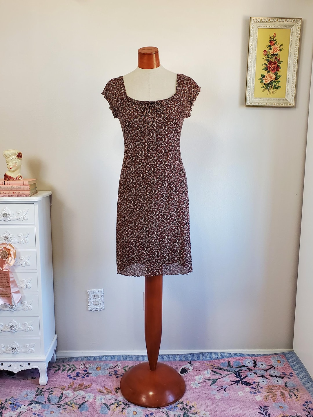 Girly Grunge Vintage 1990's / Y2K Brown Floral Calico Slip Dress Cap ...
