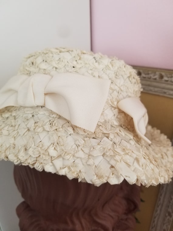 Vintage 1960's Cream Raffia Straw Hat With Ribbon Bow… - Gem