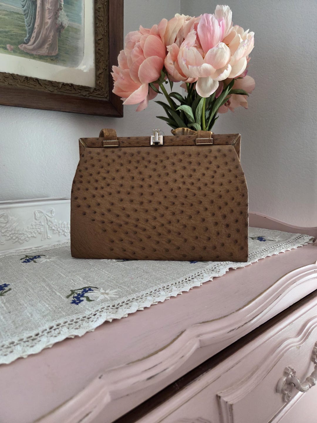 Vintage 1950's Brown Embossed Ostrich Leather Style Handbag | True ...