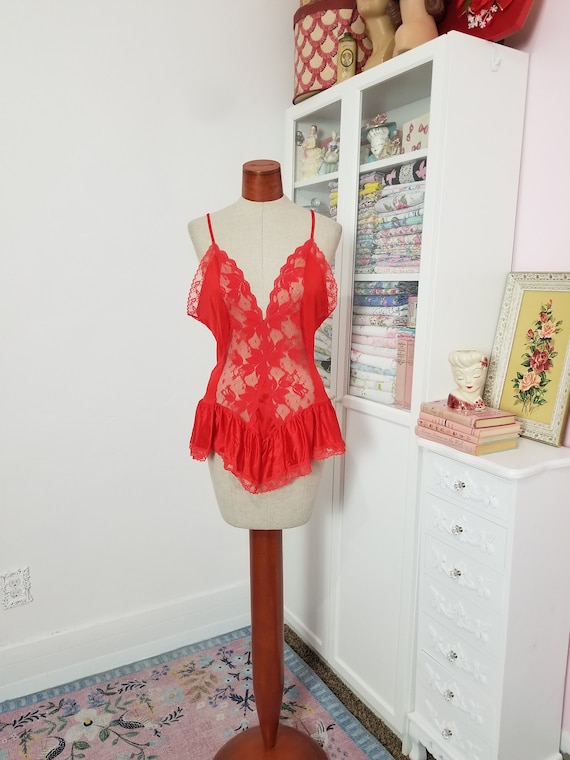 Vintage 1970's 80's Red Lace Ruffle Lingerie Top Nylo… - Gem