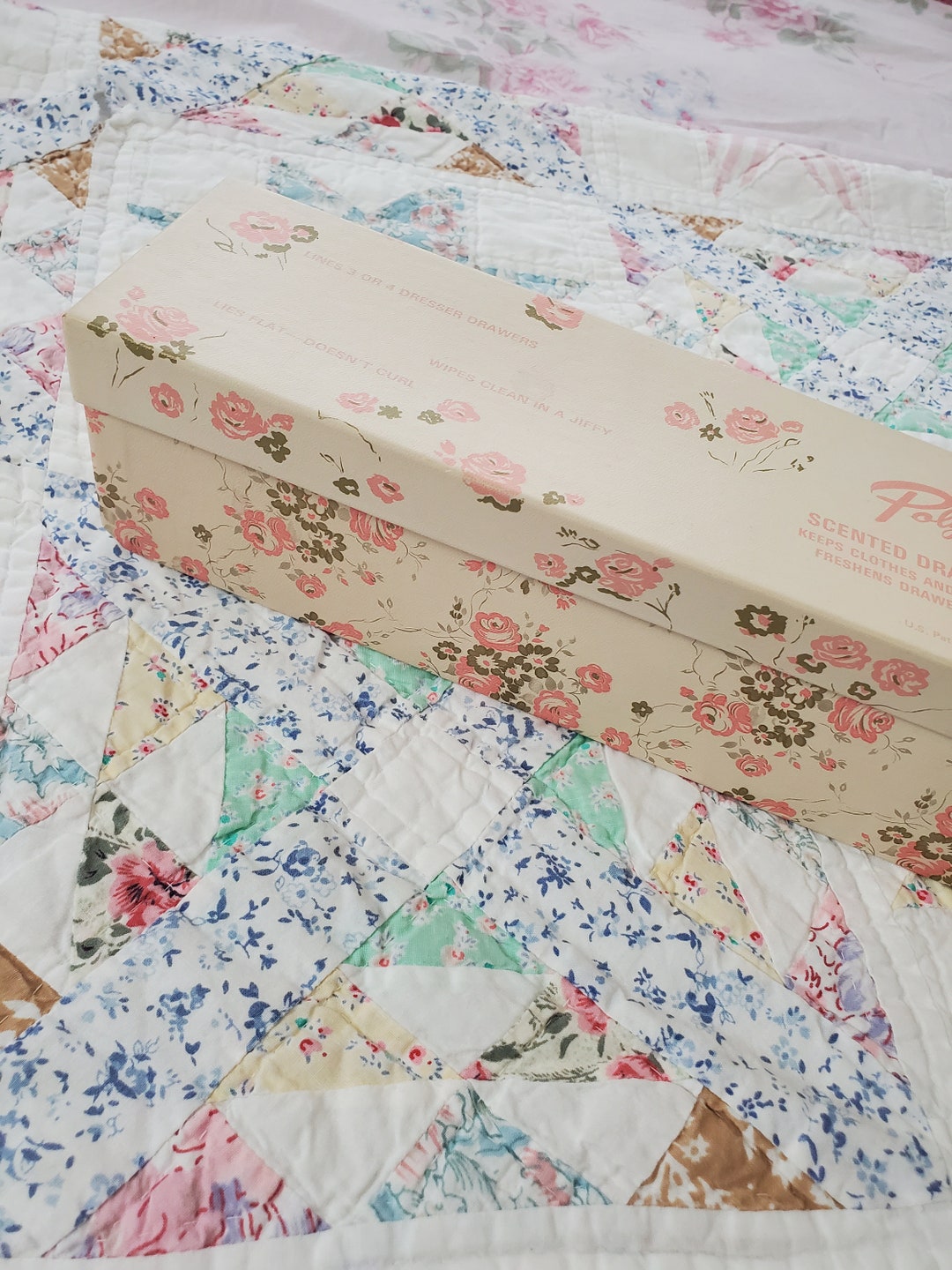Vintage 1960's Pink Floral Box With Blue Rosebud Scented Drawer Liner ...