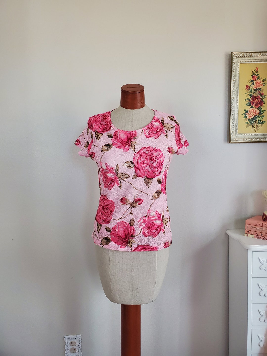 Vintage 1990's / Y2K Pink Rose Lace Floral Top Stretch Lace Baby Tee ...