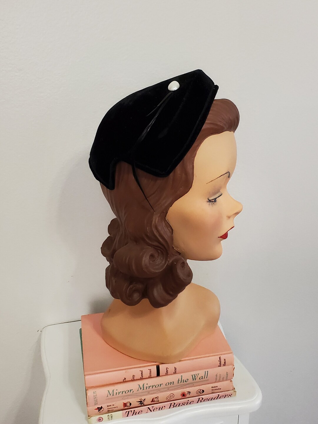 Shadows in the Night Vintage 1950's Black Velvet Topper Head Hugger Hat ...