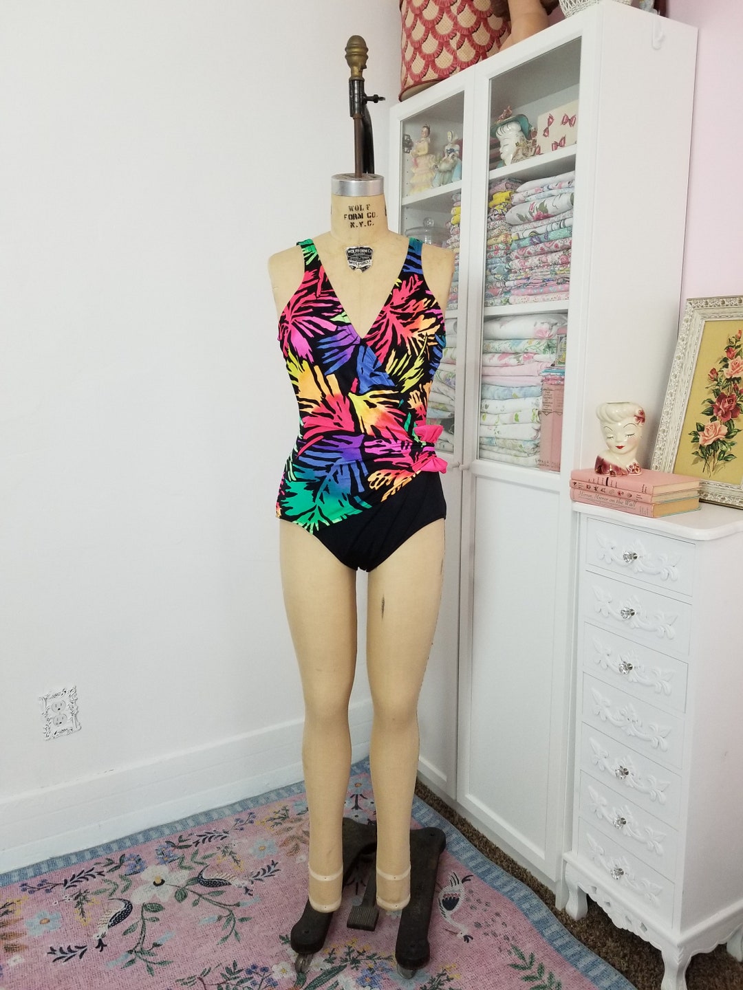 Vintage 1980's Bright Rainbow and Black Tiger Swim Suit Draped Front ...