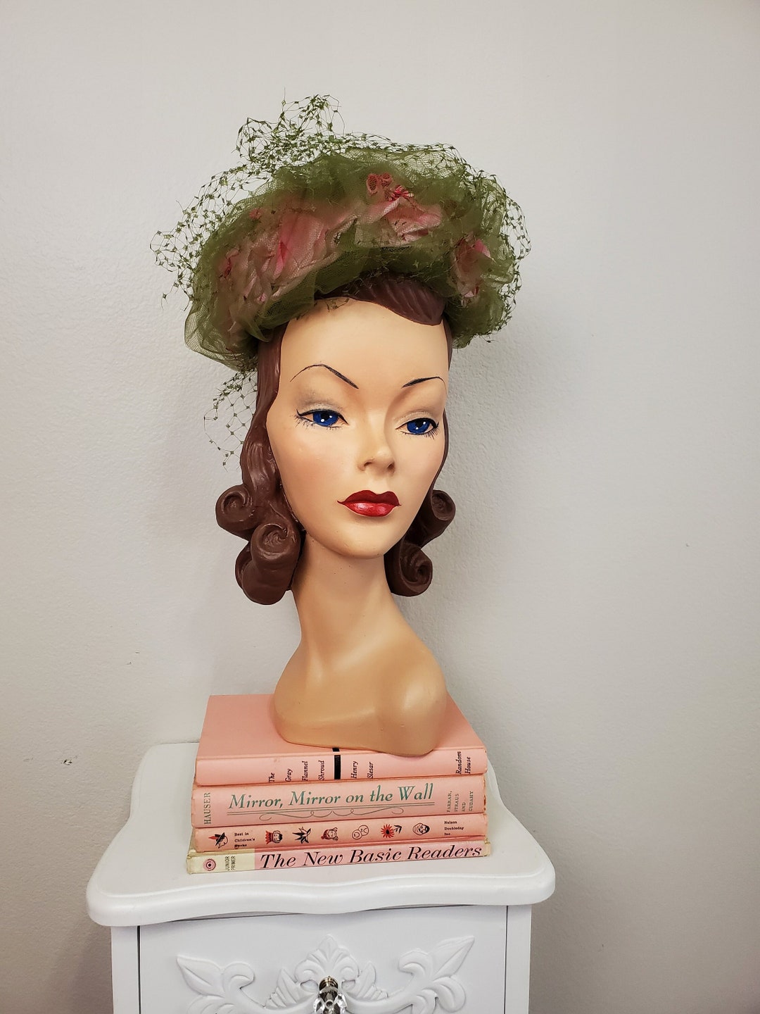 Vintage 1950's / 60's Green and Pink Floral Net Covered Hat Tall ...