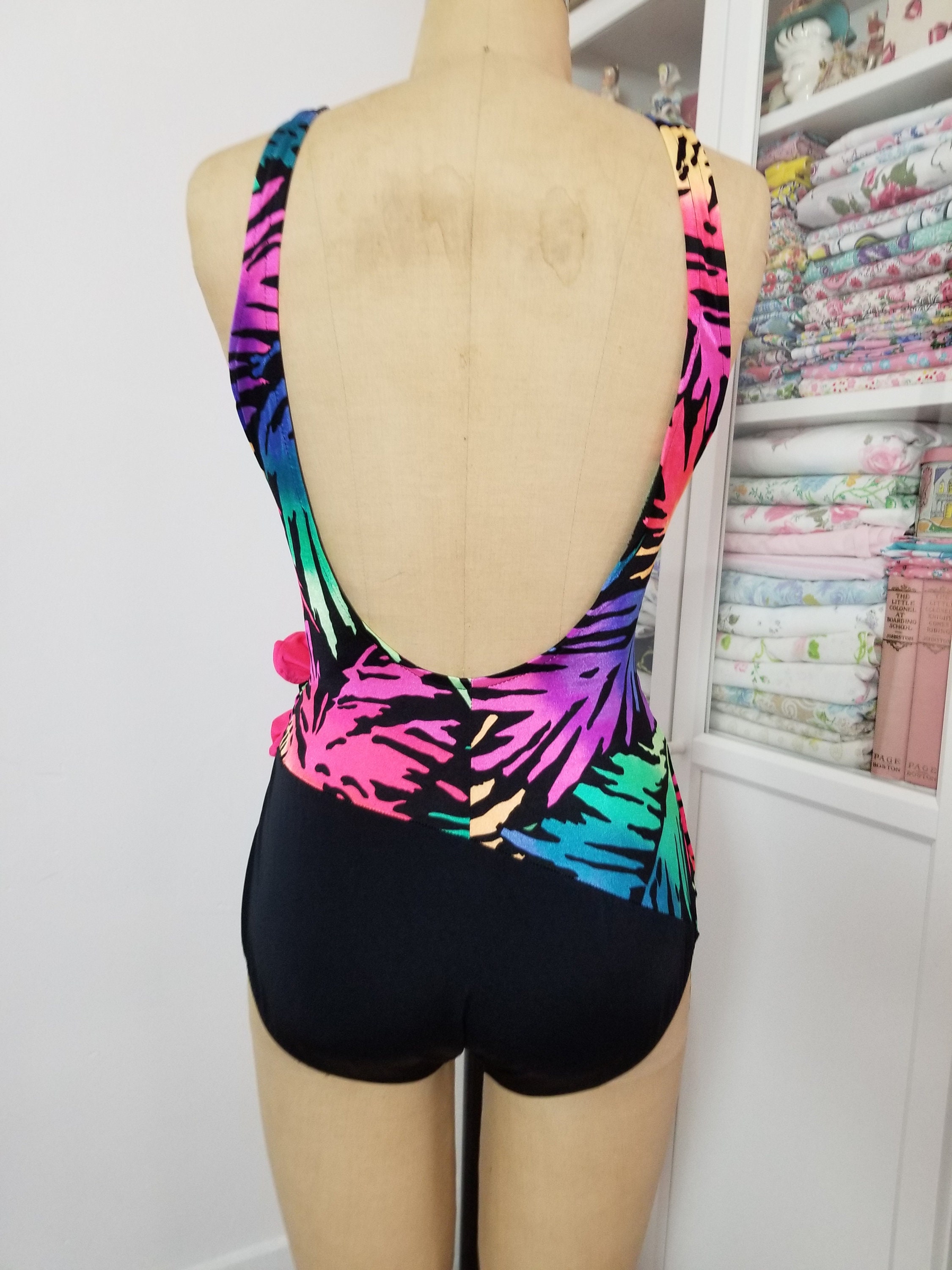 Vintage 1980's Bright Rainbow and Black Tiger Swim Suit Draped Front ...