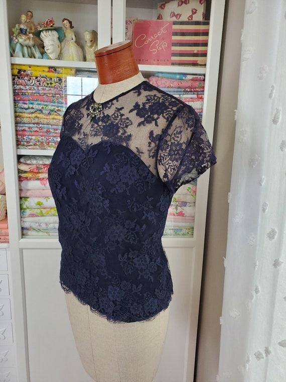 Vintage 1950's / 60's Navy Lace Scalloped Edge Blouse… - Gem