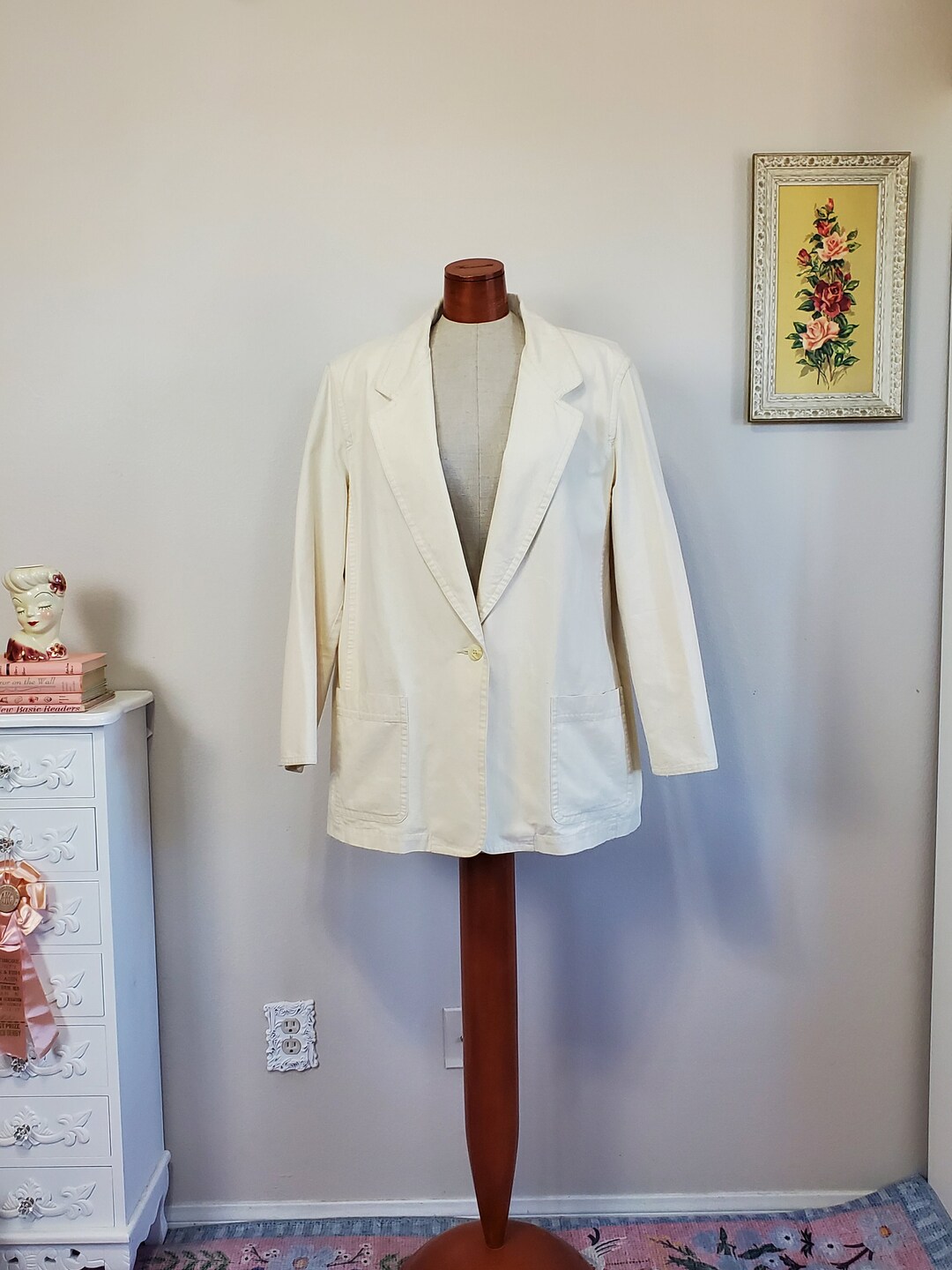 Vintage 1990's Unbleached Cotton off White Linen Feel Chore Coat Blazer ...