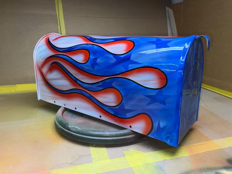 Custom Painted Flamed Patriotic American Flag Mailbox, Flame Mailbox ...