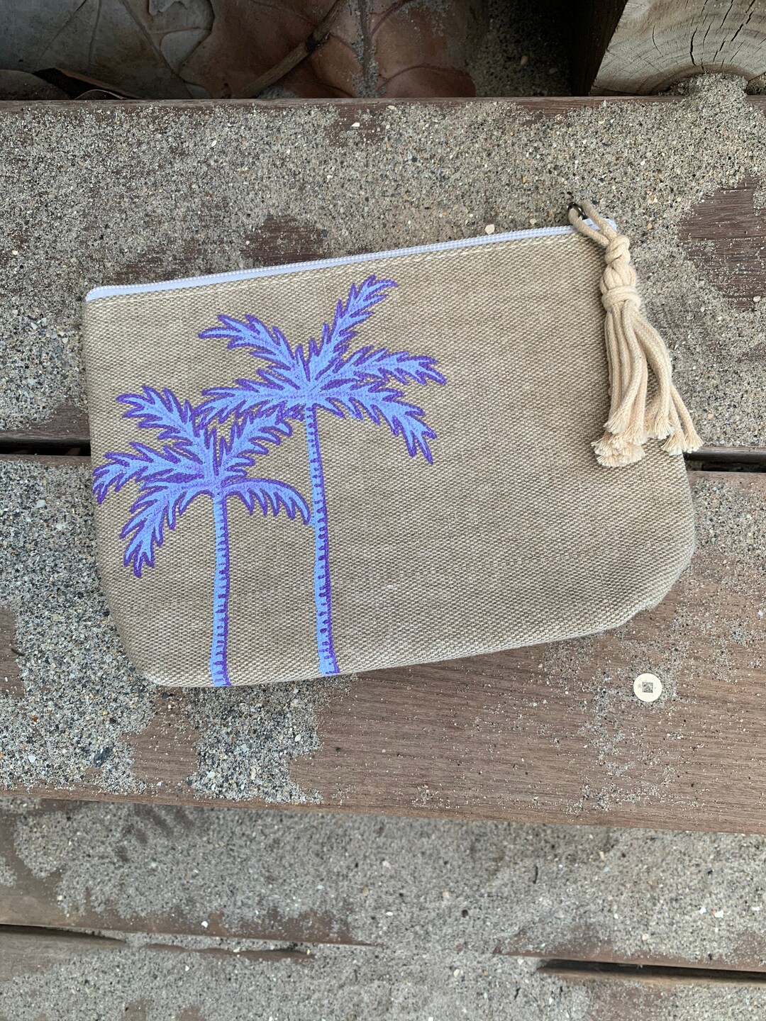 Handpainted Purple Palm Bag Palm Tree Painted Zip Bag Make up Beach ...