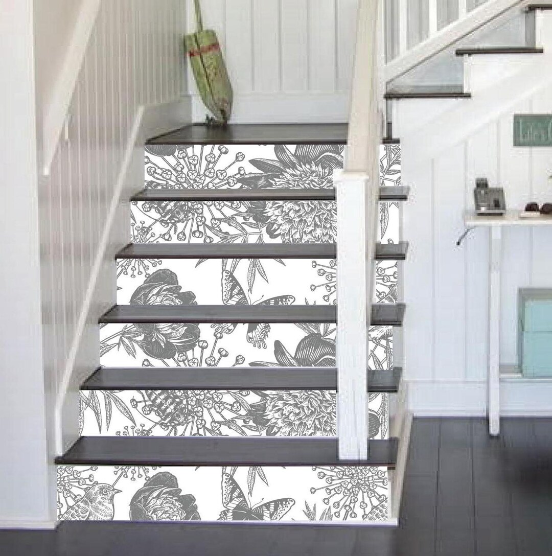 Floral Stair Riser Decals, Stair Decal Sticker, Black and White, Stair ...
