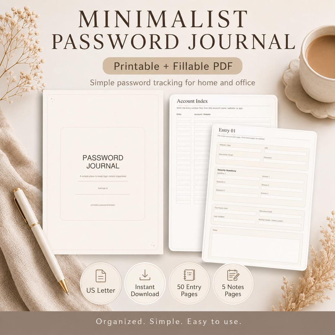 Minimalist Password Journal, Printable + Fillable PDF (digital Download ...