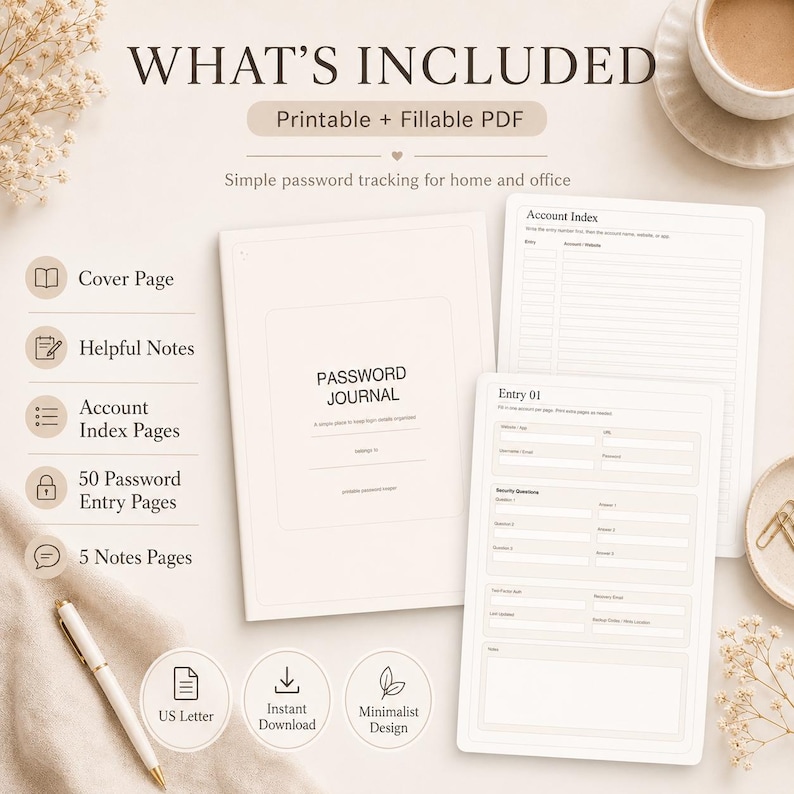 Minimalist Password Journal, Printable + Fillable PDF (digital Download ...