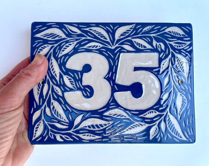 Handmade Ceramic House Number Plaque Leaf Pattern Sgraffito Design - Etsy