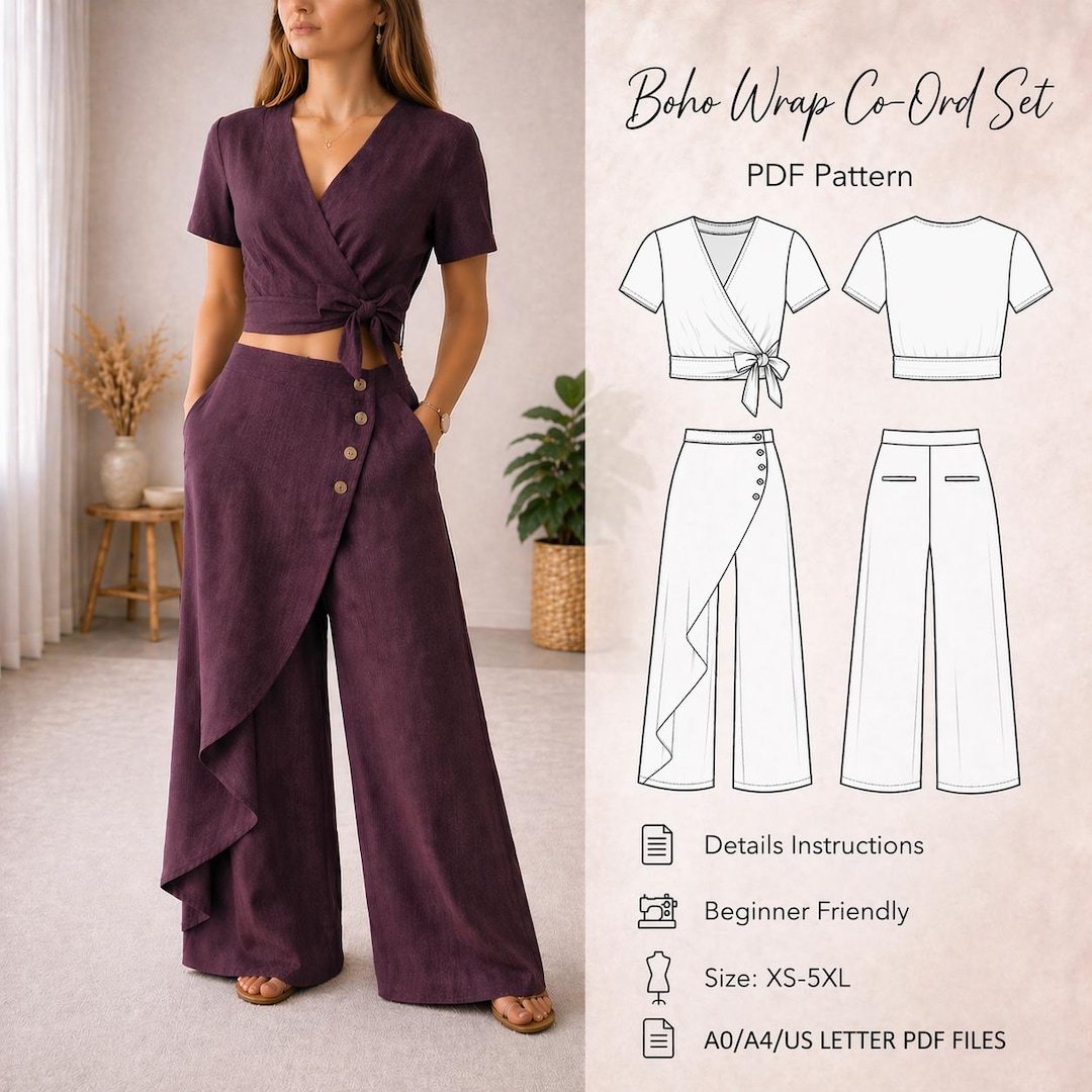 Boho Wrap Co-ord Set PDF Sewing Pattern, Wide Leg Pants, Linen Outfit ...