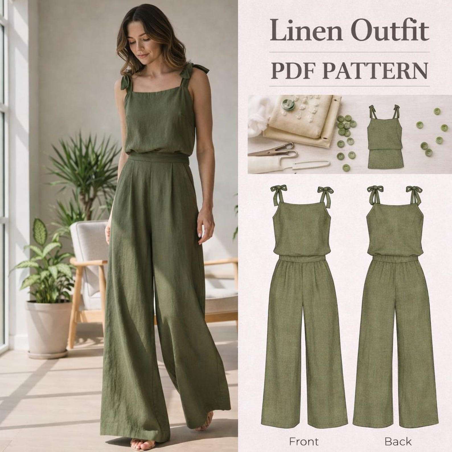 Linen Two Piece Outfit Sewing Pattern, Wide Leg Pants, Summer Top (PDF ...